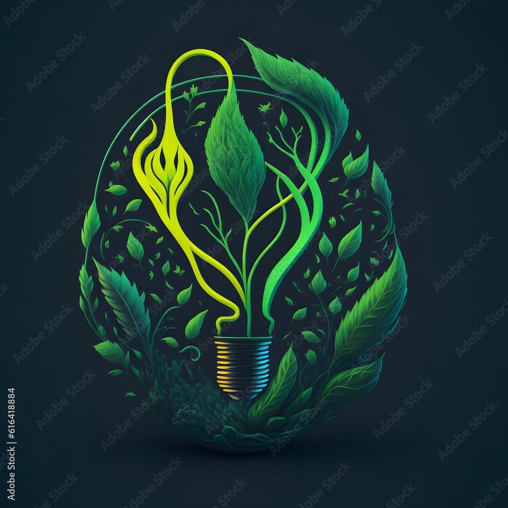 light bulb emitting a vibrant glow, surrounded by leaves symbolizing ...