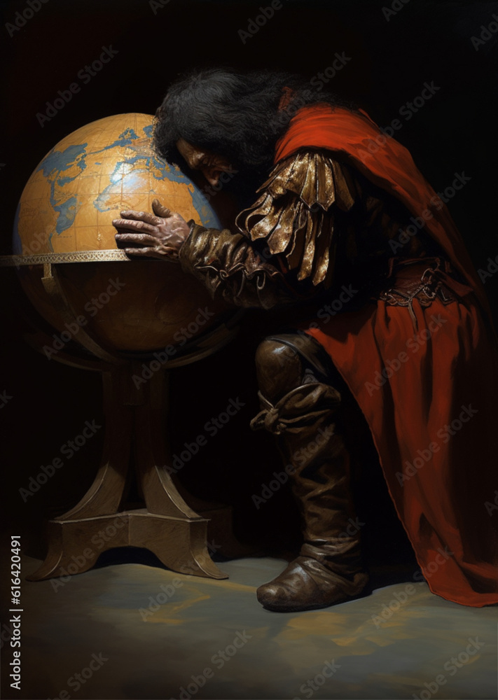 Ferdinand Magellan respectfully hugging the Earth globe in kneeling ...
