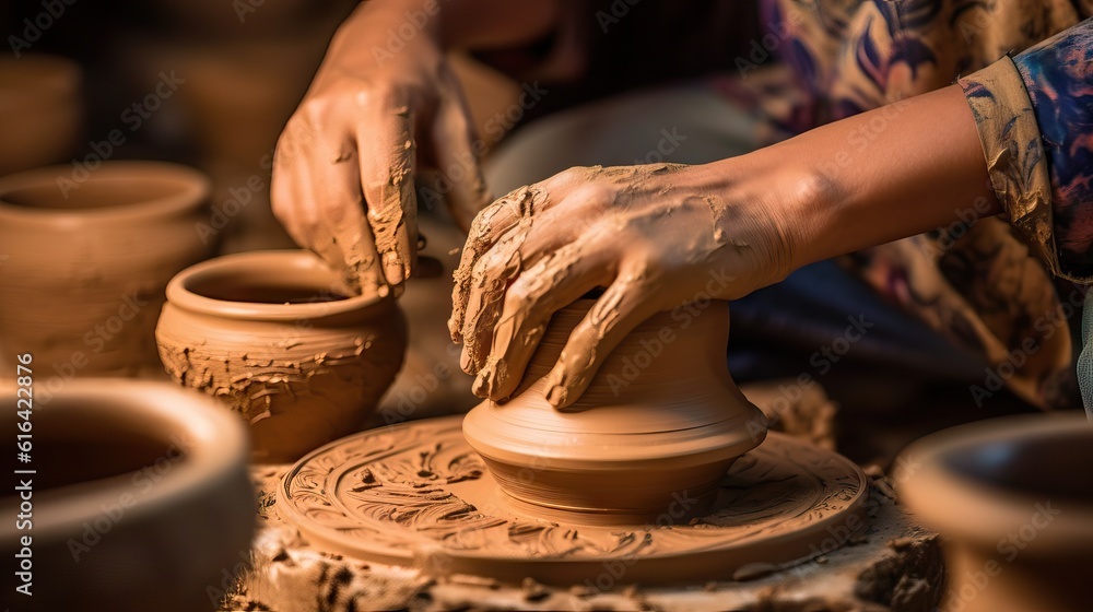Potter modeling ceramic pot from clay on a potter's wheel. Pottery ...