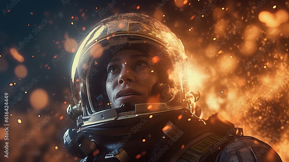 Cinematic scene of an astronaut during an explosion, futuristic action ...