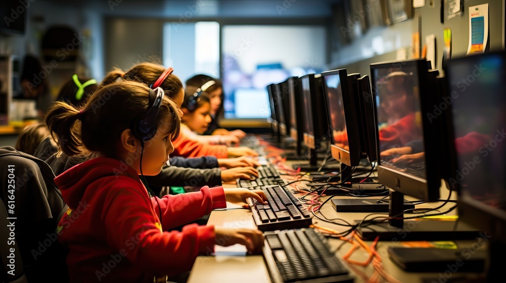 Multiethnic school kids using computer in classroom at elementary ...