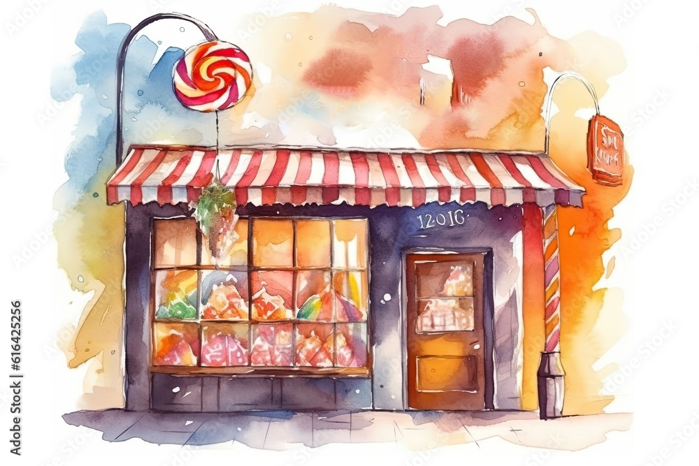 The illustration features a whimsical watercolor painting of a candy ...