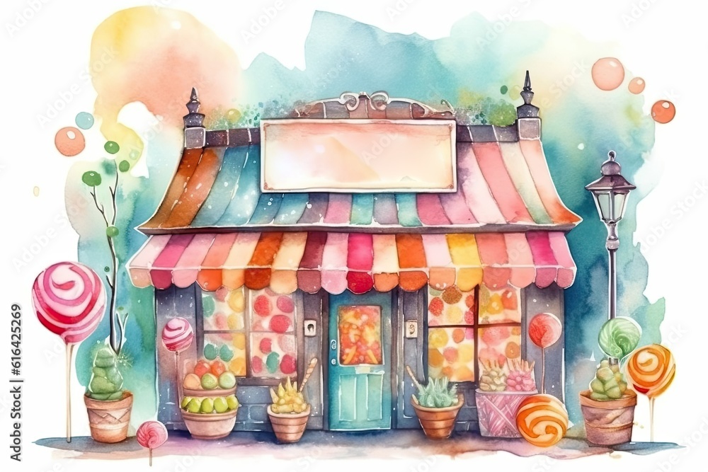 The illustration features a whimsical watercolor painting of a candy ...