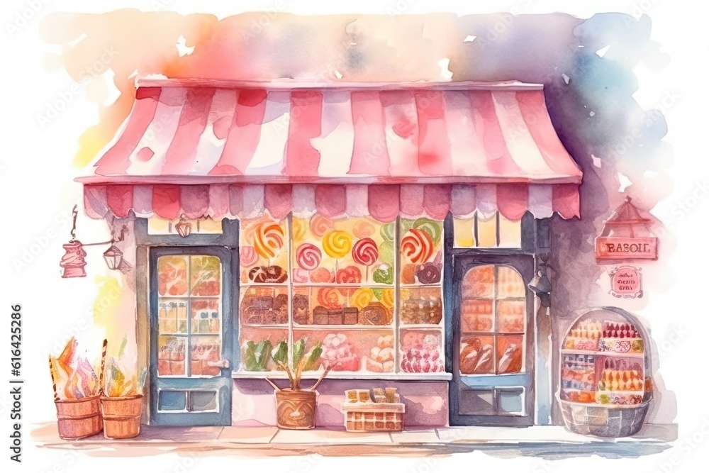 The illustration features a whimsical watercolor painting of a candy ...