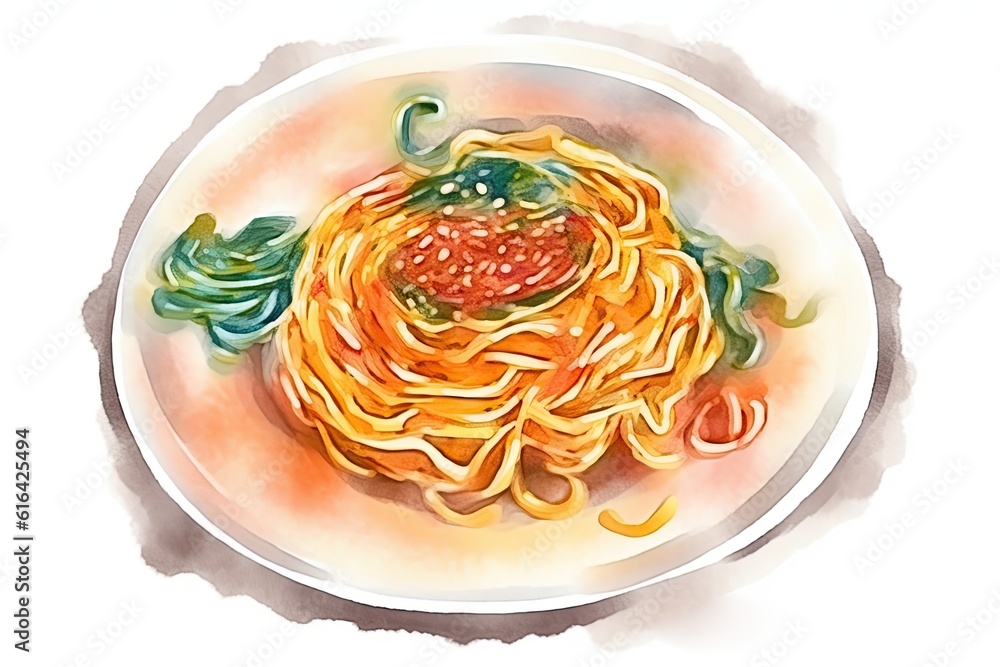 The illustration portrays a watercolor painting of a plate of spaghetti ...