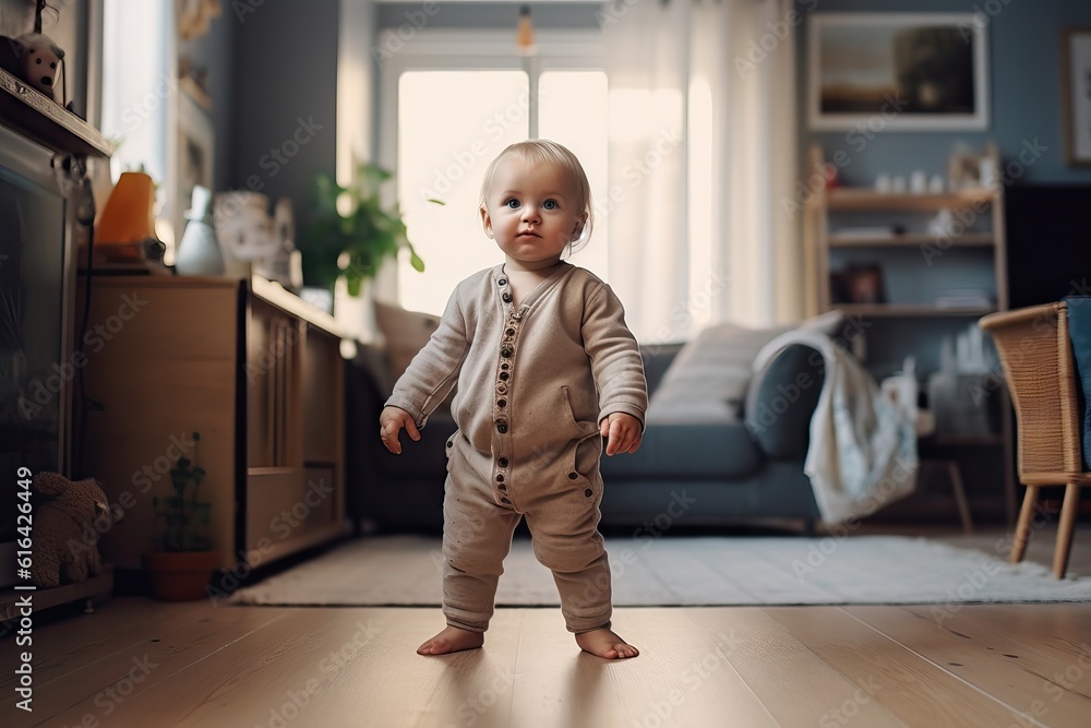Baby's first steps. Mixed race baby learning to walk. Living room ...
