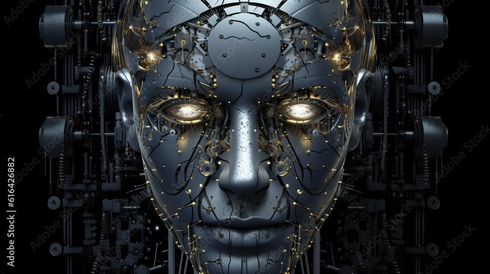 Robot mechanic face with neural link intelligence, big data. Cyberpunk ...