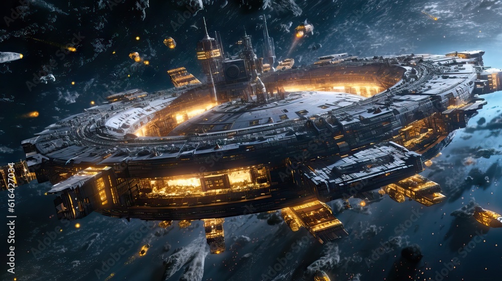 A massive spaceship on the galaxy. Cinematic movie. Cinematic Still ...