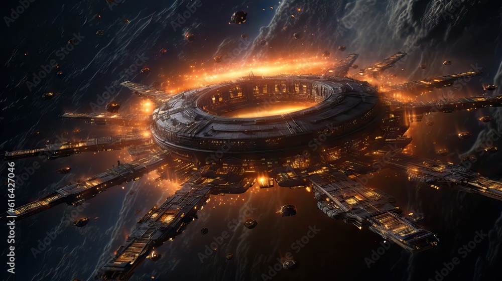 A massive spaceship on the galaxy. Cinematic movie. Cinematic Still ...