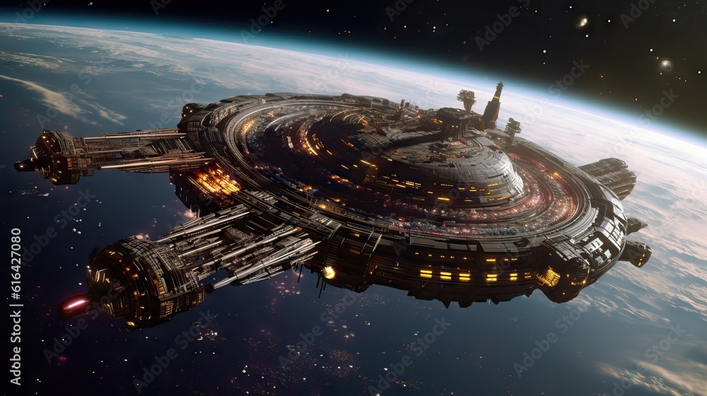 A massive spaceship on the galaxy. Cinematic movie. Cinematic Still ...