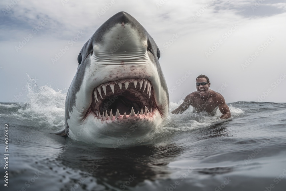Original name(s): Great white shark and a man posing with a menacing ...