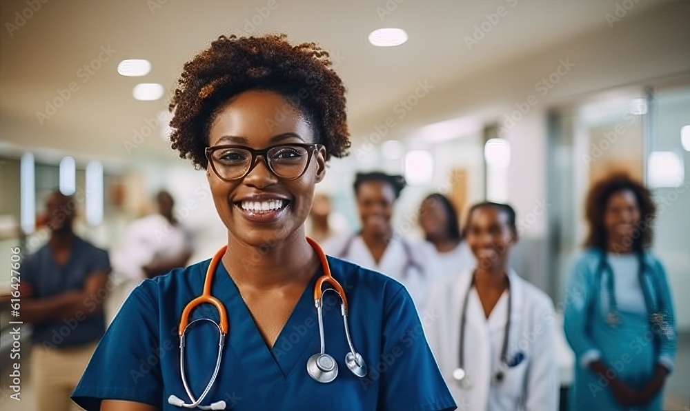 Portrait, nurse doctor at hospital standing at the corridor, black ...