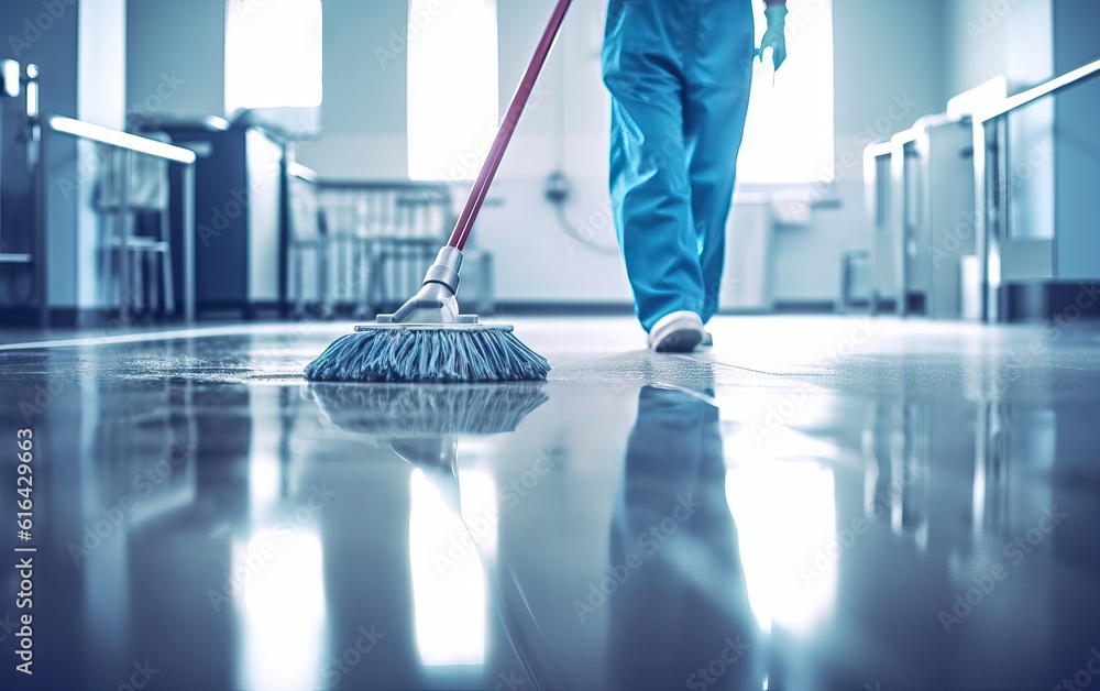 Close up cleaning staff cleans the floor of an operating room with a ...