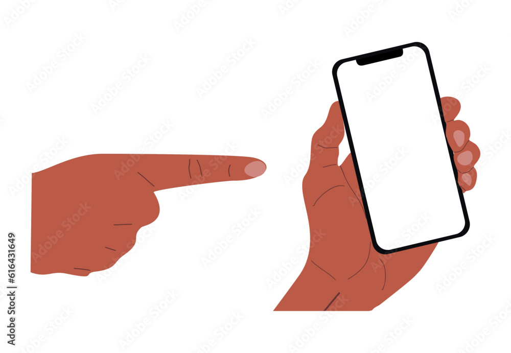 Hands Holding Mobile Phone Finger Pointing To Smartphone Screen