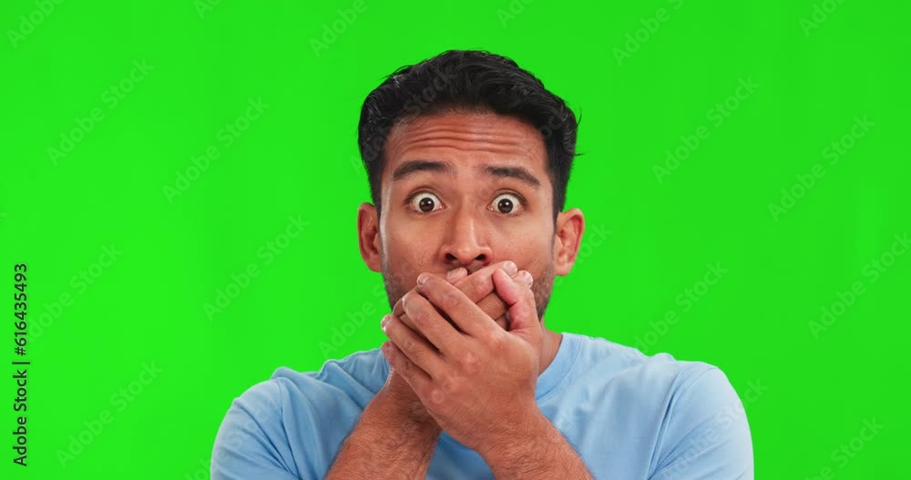 Wow, green screen or portrait of shocked man with gossip or ...