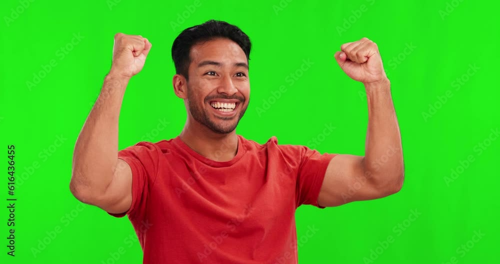 Shock, celebration and man in a studio with green screen for omg, wow ...
