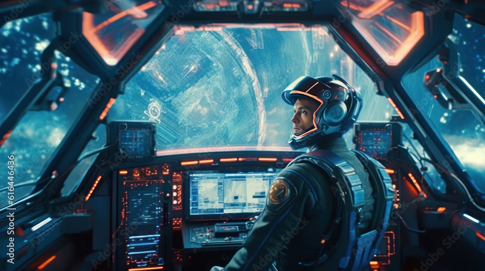 An image of a pilot in the spaceship cockpit. It symbolizes future ...