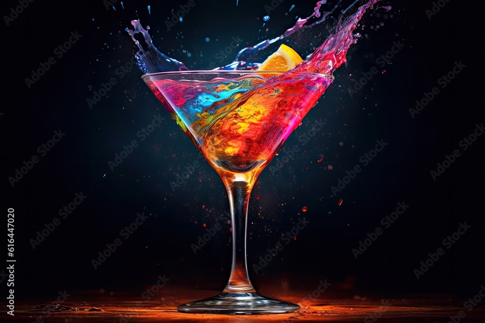 Martini glass. The bold and vibrant colors of the drink pop against the ...
