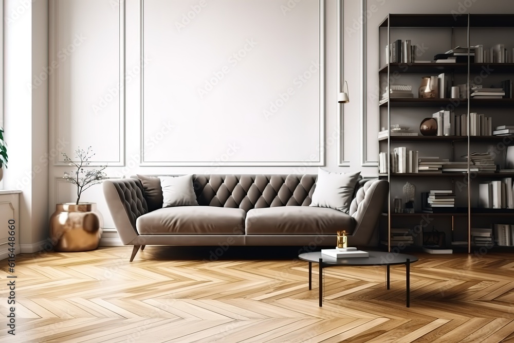 Living room interior has sofa in 3d rendering. Front view of sofa and ...