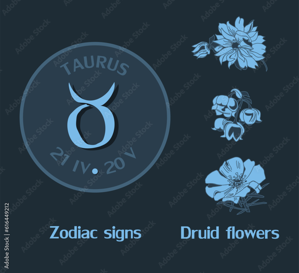Zodiac sign Taurus from April 21 to May 20. Horoscope logo on dark blue ...