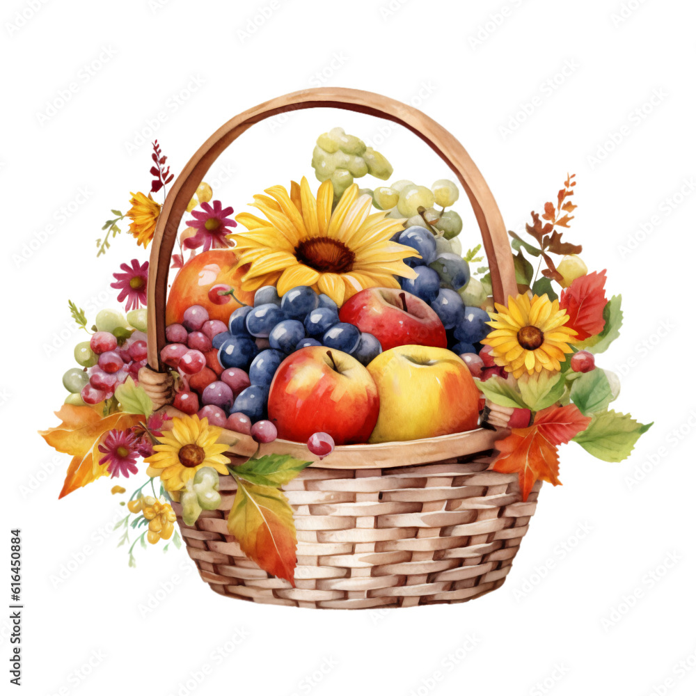 Fall Autumn Watercolor Fruits Basket Clip Art, Fall Autumn Watercolor ...