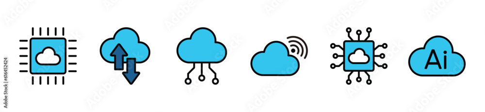Cloud tech icon set. Technology, digital, wifi, ai, internet, circuit ...