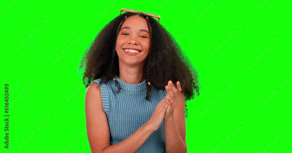 Face, applause and woman in green screen studio for motivation, good ...