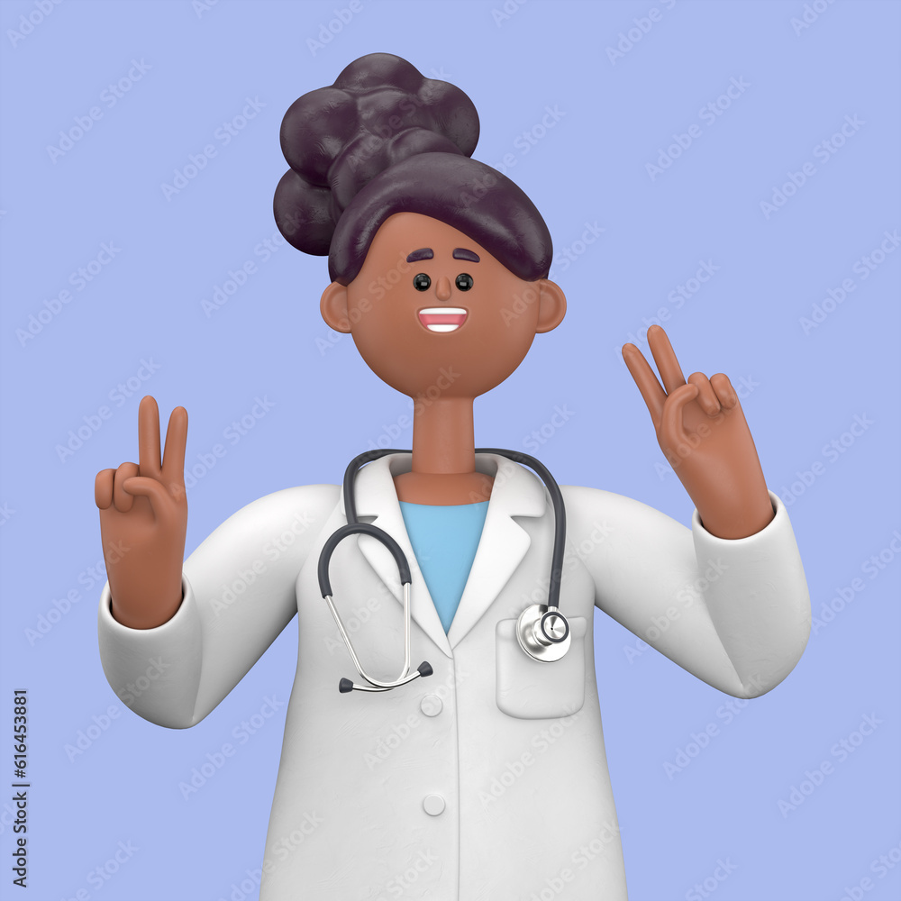 3D Illustration of Female Doctor Juliet shows fingers doing peace sign ...