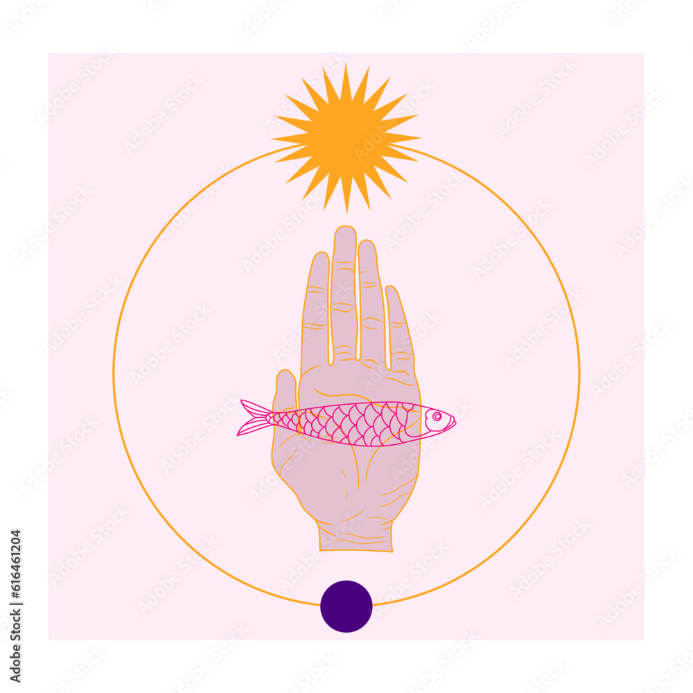 Alchemy hand with sun and moon and fish design , Hand vector background ...