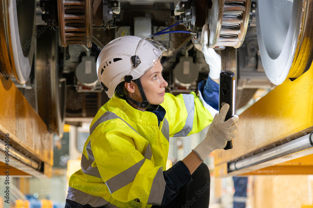 Engineer checks spare parts list and maintains mass transit locomotives ...