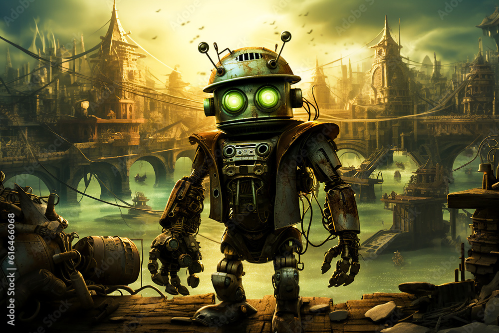 Steampunk Robot in a Steampunk Town. Generative AI. A digital ...