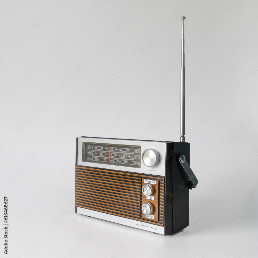 Authentic radio from the 70s. Front right view. Isolated on white ...