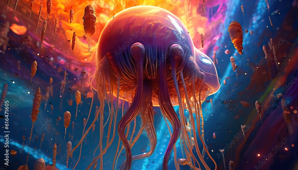 Generative AI illustration of an upside down melting alien cosmonaut ...