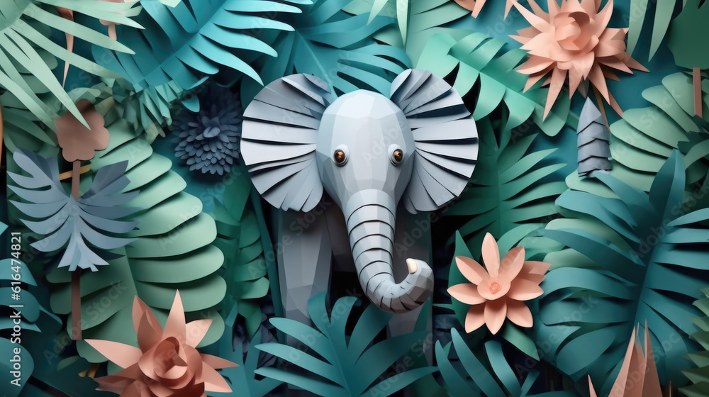 Elephant. Paper Art and Origami Animal in the wild. created with ...