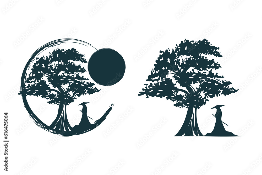 Samurai standing with a sword under a tree at sunset. Japanese vector ...