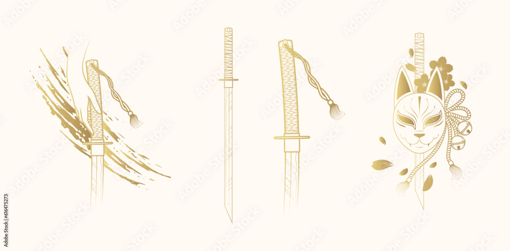 Golden kitsune mask and hand with katana. Three Japanese design ...