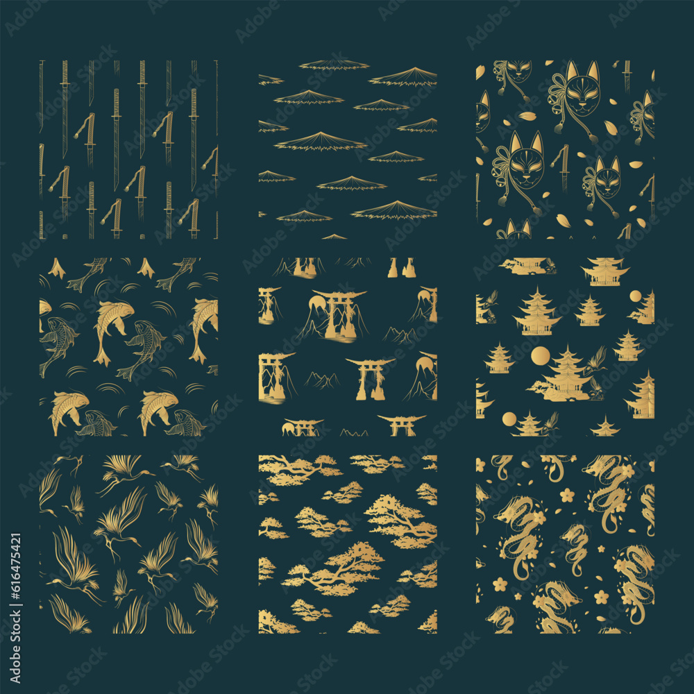 Japanese art design. Golden set of nine hand drawn seamless patterns on ...