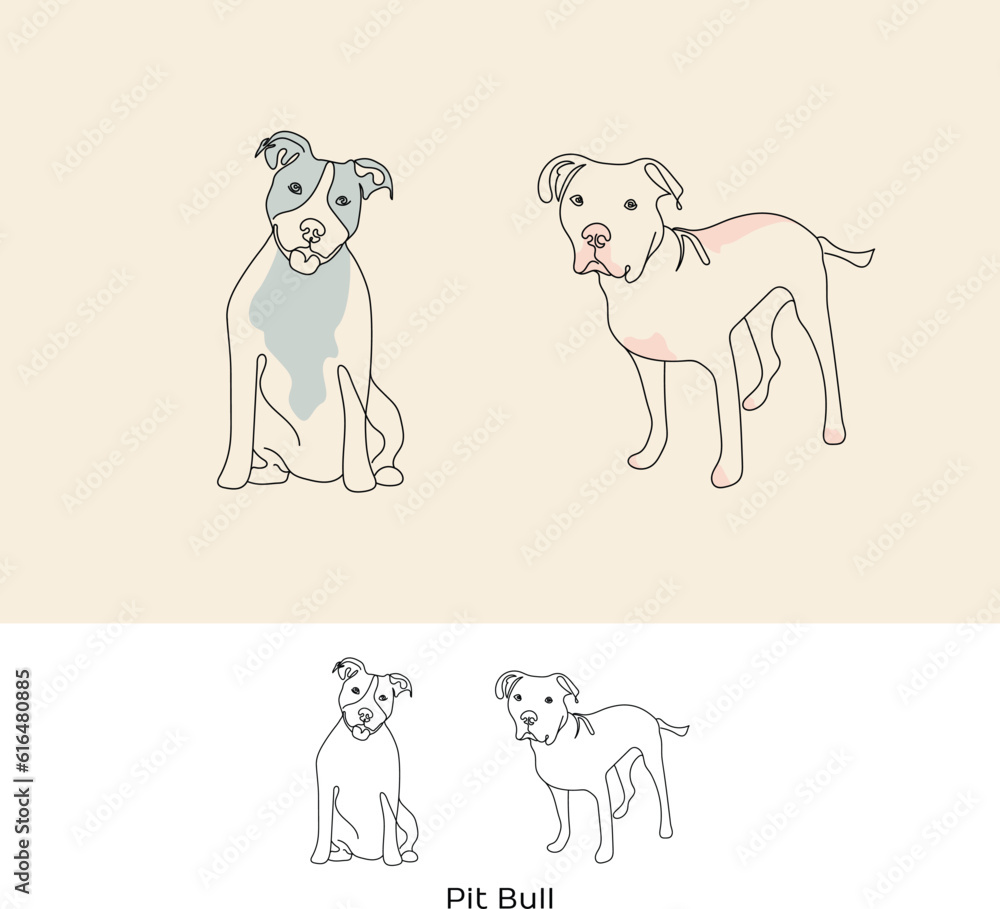 Front view of standing dog, sitting pitbull. Continuous line art ...