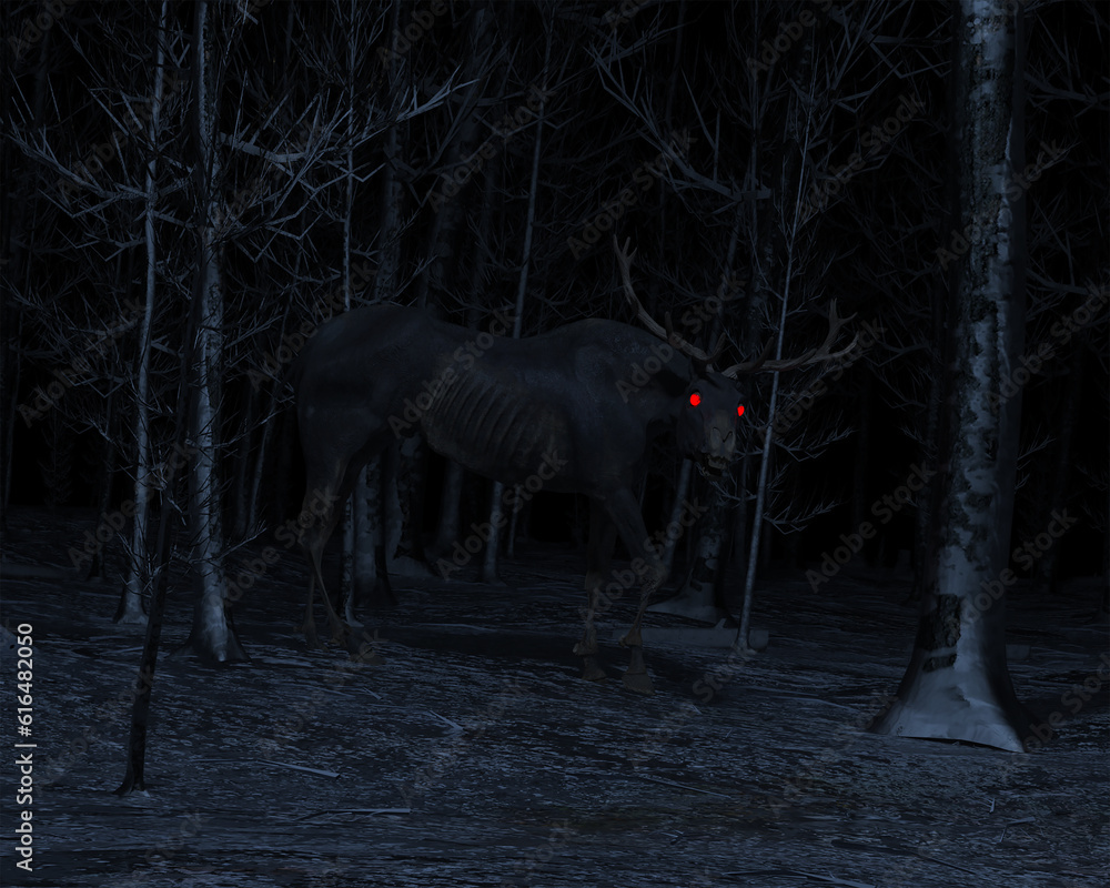 A sinister zombie horse cryptid with antlers and glowing red eyes in a ...