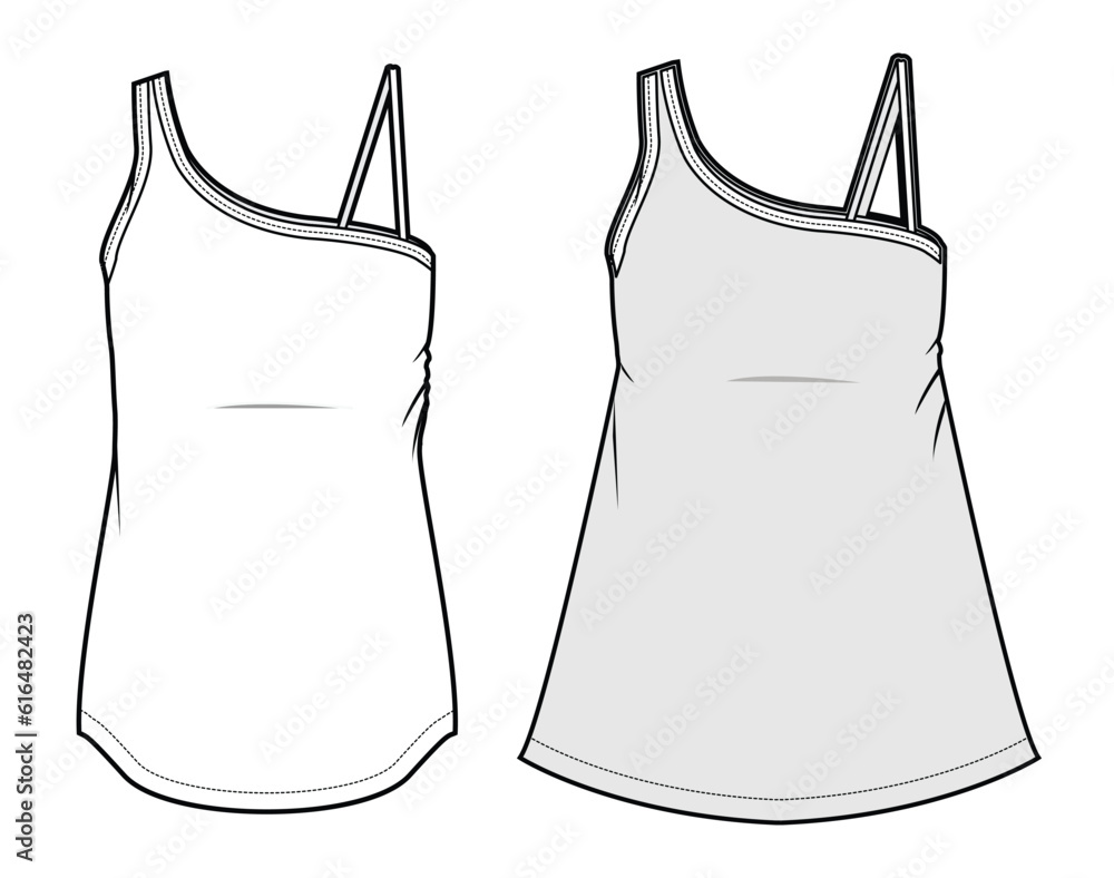 One Shoulder Camisole Spaghetti top Fashion Flat Sketch Vector ...