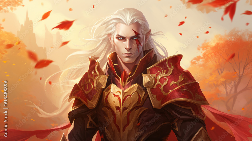 Illustration of a male blood elf fantasy character in red armor Stock ...