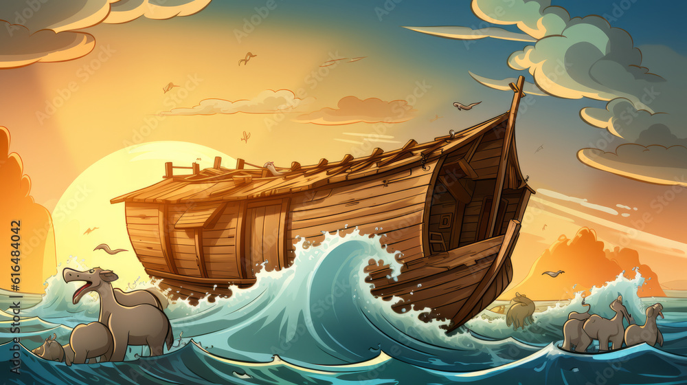 Cartoon illustration of Noah's ark myth with wood boat and animals ...