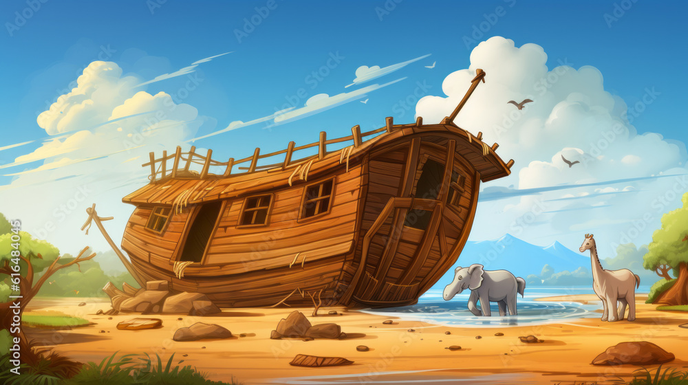 Cartoon illustration of Noah's ark myth with wood boat and animals ...