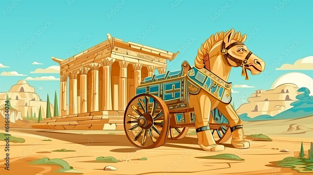 Cartoon illustration of Trojan horse myth in Troy city Stock ...