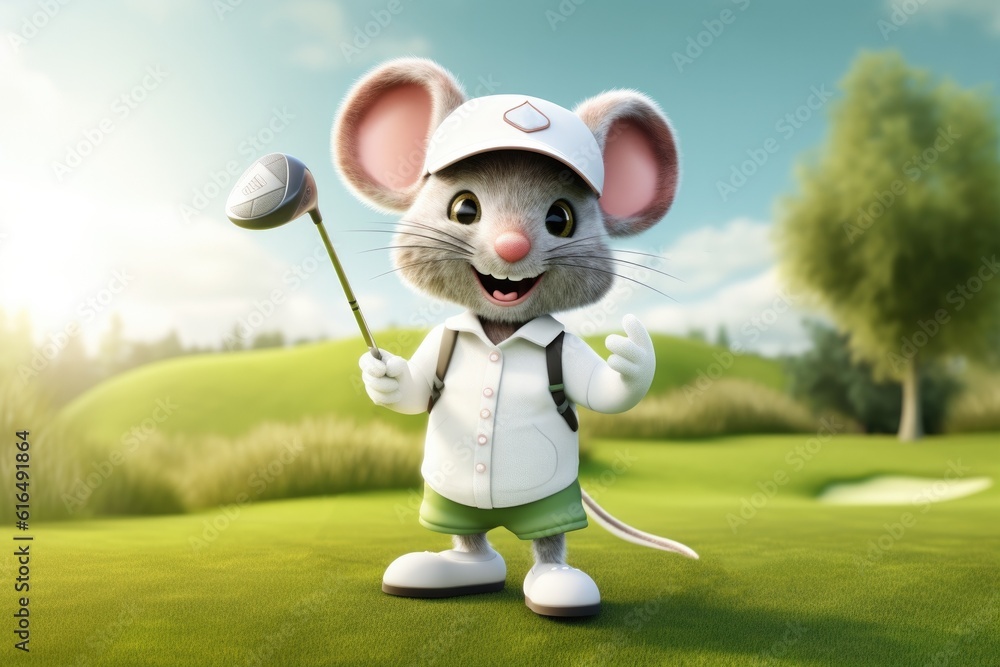 Cute Cartoon Mouse Dressed as a Golfer on a Golf Course Stock ...