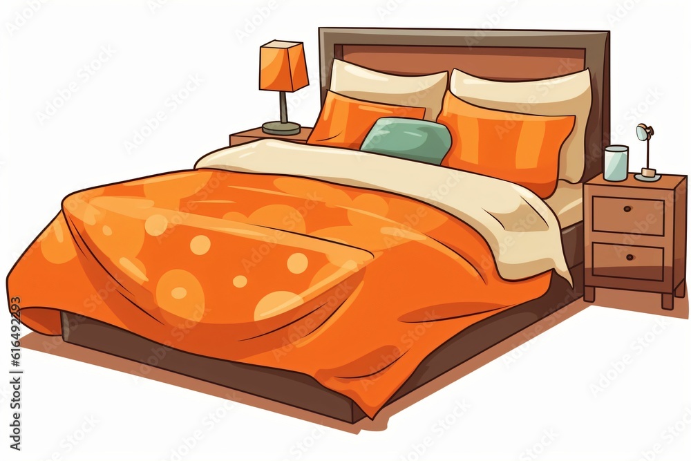 lit double avec table de chevet, dessin style bd, cartoon sur fond ...