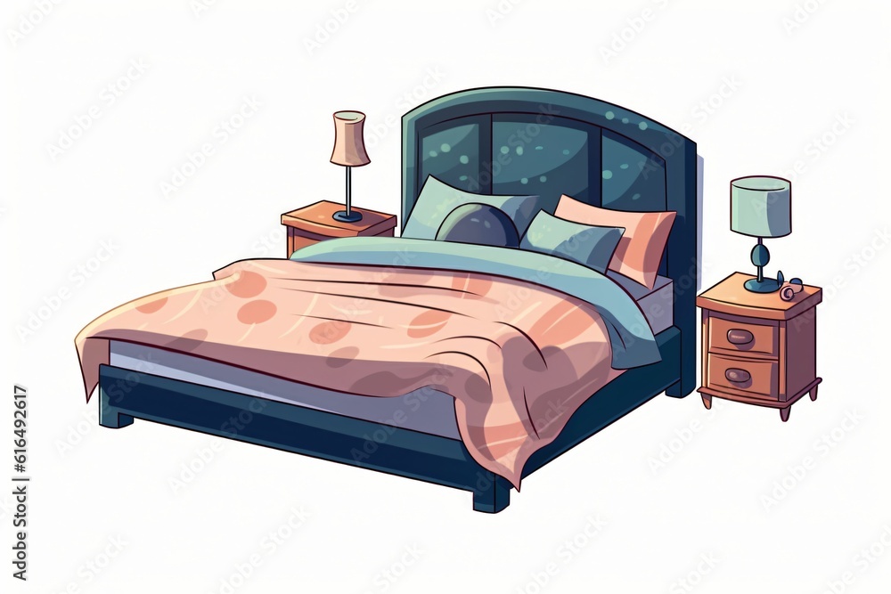 lit double avec table de chevet, dessin style bd, cartoon sur fond ...