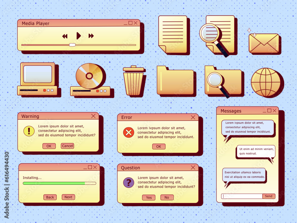 Set of retro vaporwave desktop browser and dialog window templates. 80s ...