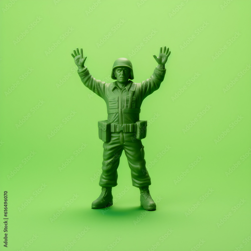 green army man toy with arms raised isolated on plain studio background ...