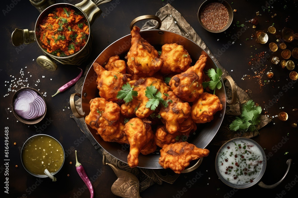 Indian Pakoda/Pakoda vegetarian fried appetizer, Overhead photograph ...